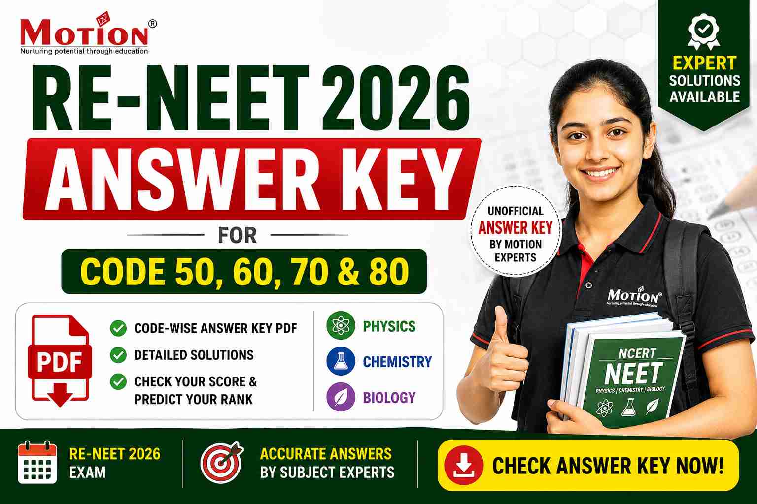 RE-NEET 2026 Answer Key for Code 50, 60, 70, 80 Download PDF